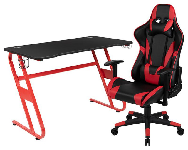 Red Gaming Desk and Red/Black Reclining Gaming Chair Set with Cup ...