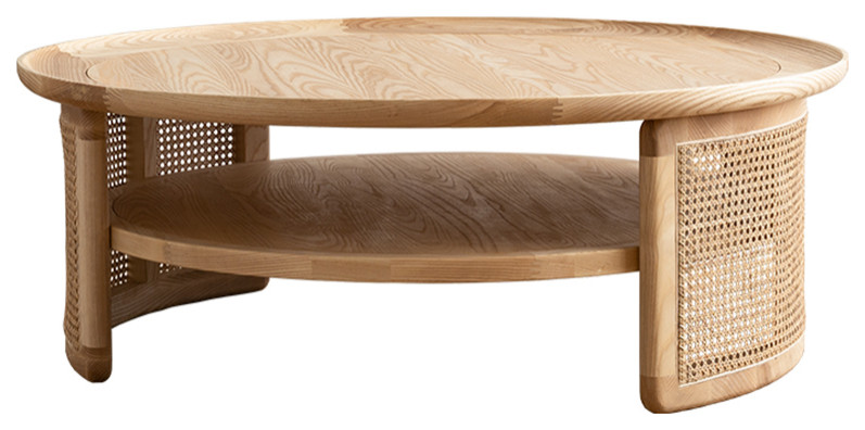 2-Tiered Japandi Round Wood Coffee Table With Rattan Base - Tropical ...
