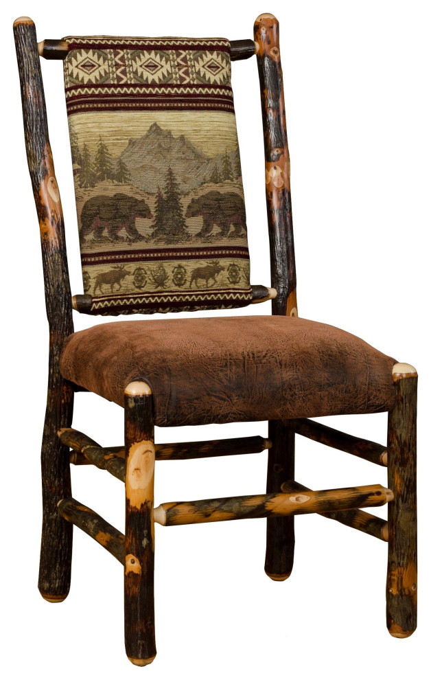 Hickory Log Dining Chair with Faux Brown Leather Seat, Set of 2, Low ...