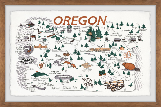 "Illustrated Map of Oregon State" Framed Painting Print, 18"x12 ...