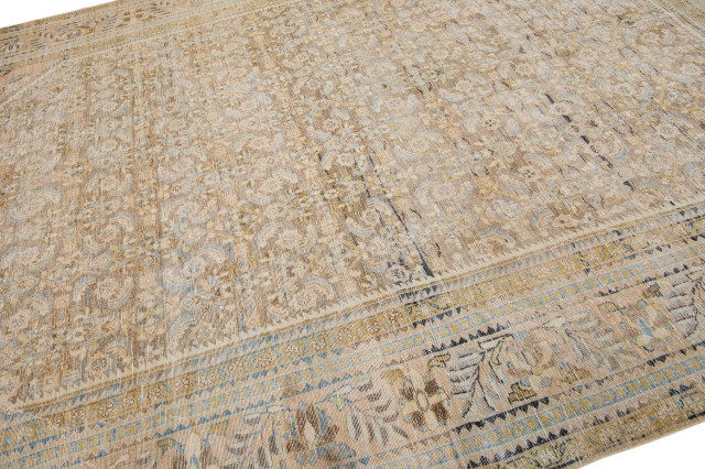 Handmade Tan Antique Persian Malayer Wool Rug With Allover Motif ...