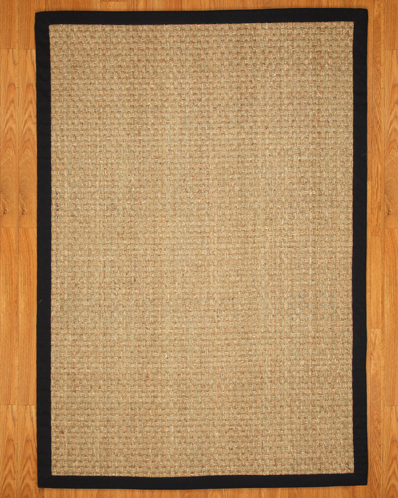 "Optimum" Seagrass Rug - Black, Handcrafted, Cotton Border, 2'6" x 8 ...
