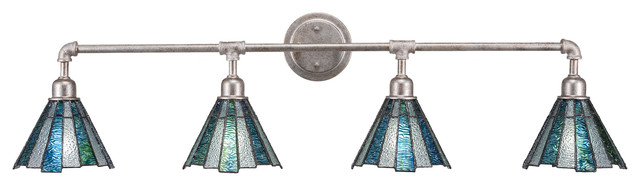 Vintage 4-Light Bath Bar, Aged Silver Finish, 7" Sea Ice Art Glass ...