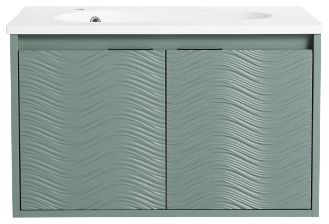 30" Wall-Mounted Bath Vanity Set, Green, Integrated Resin Sink - Modern ...