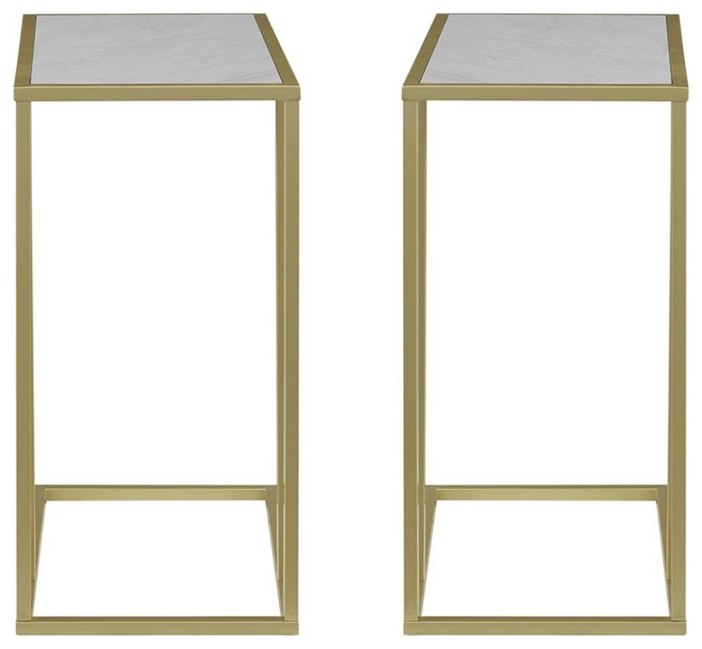 Modern C-Shaped End Table with Metal Base in Faux White Marble/Gold ...