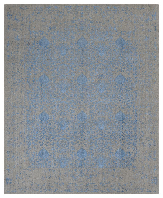 Blue Hand Loomed Erased Broken Pomegranate Design Pure Wool Rug 7'10"x9 ...