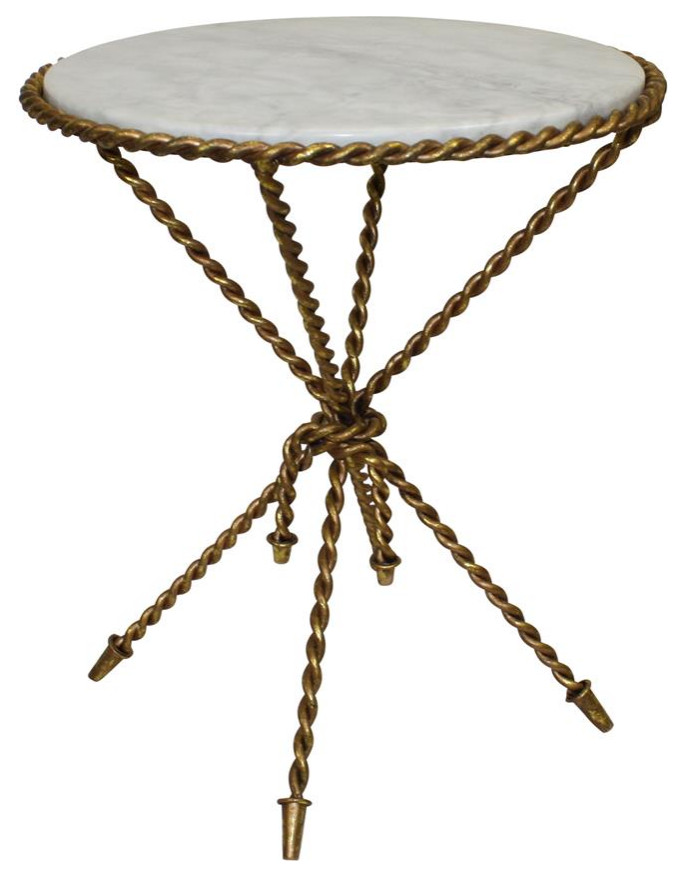 Luxe Twisted Iron Gold Rope Knot Accent Table Round Tripod White Marble ...