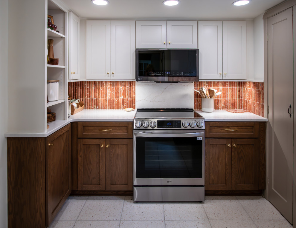Custom Two-Tone Wood and White Kitchen w/Quartz Countertop and a Pop of ...
