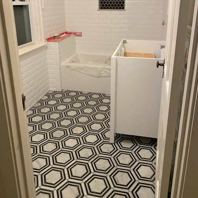 Carrara White Marble Georama Hexagon Black Strip Tile Polished, 1 sheet ...