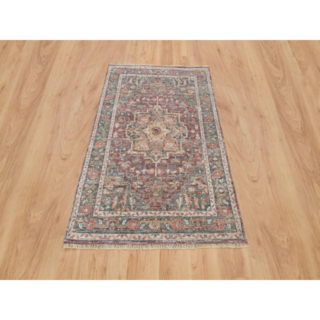 Wine Red Extra Soft Wool Heris Revival Hand Knotted Oriental Rug, 3'10 ...