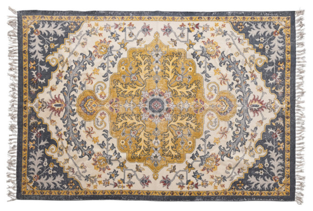 Woven Cotton Distressed Print Rug With Fringe - Mediterranean - Area ...