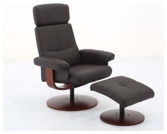 Modern Swivel Recliner Chair and Footstool with Brown Faux Leather Seat ...