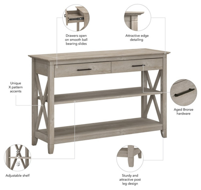 Bush Furniture Key West Console Table with Drawers & Shelves in Washed ...