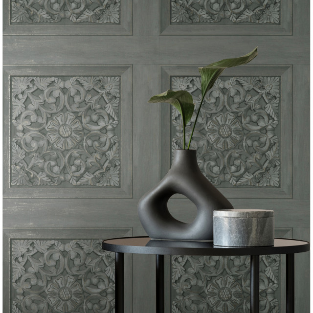 Albie Dark Grey Carved Panel Wallpaper, Swatch - French Country ...