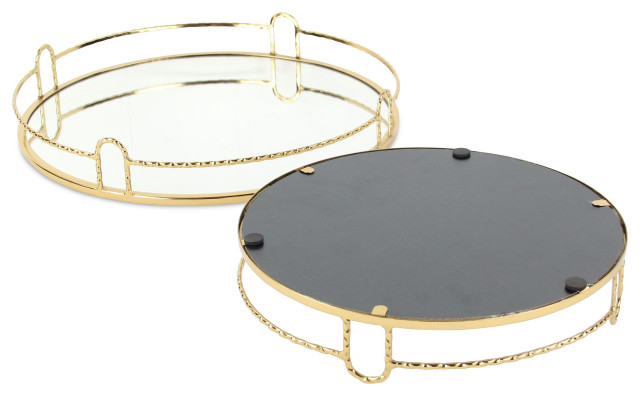 Mianzi Round Quilted Rim Gold Metal Trays (Set of 2) - Contemporary ...