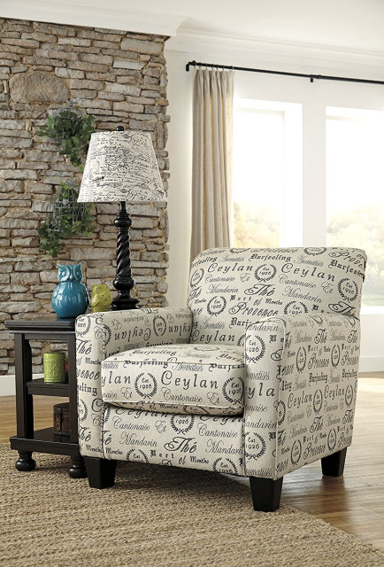 Mid-Century Accent Chair with Linen Upholstery and French Script Print ...