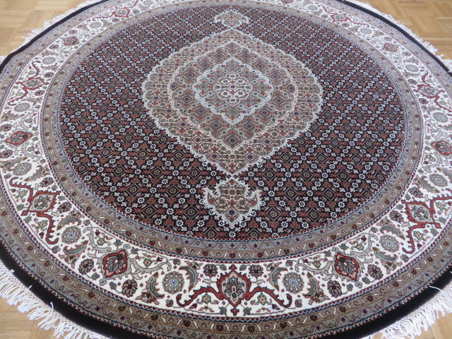 6x6 Round Handmade Black Mahi Tabriz Rug Wool and Silk - Traditional ...