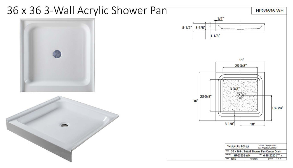 Shower Pan 36 x 36 3-Wall with Center Plastic Drain - Traditional ...