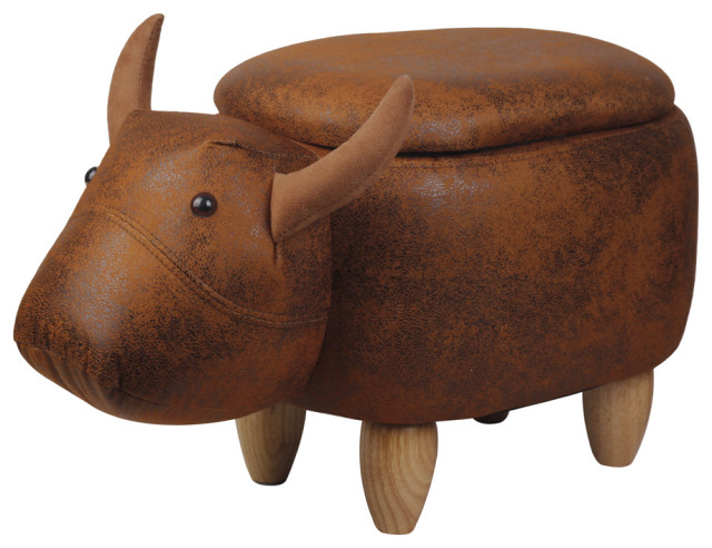 Brown Buffalo Cow Animal Ottoman Storage Faux Leather Foot Stool ...