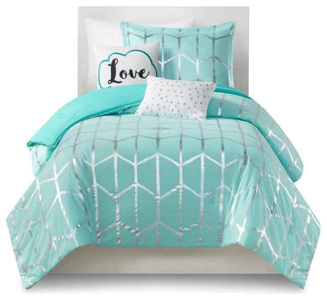 Intelligent Design Raina Metallic Printed Comforter Set, Aqua/Silver ...