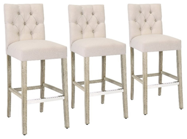 Jameson 29" Linen Fabric Tufted Upholstered Bar Stool (Set of 3 ...