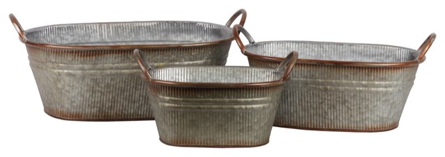 Metal Oval Bucket with Ribbed Design Body & Side Handles, Set of 3 ...