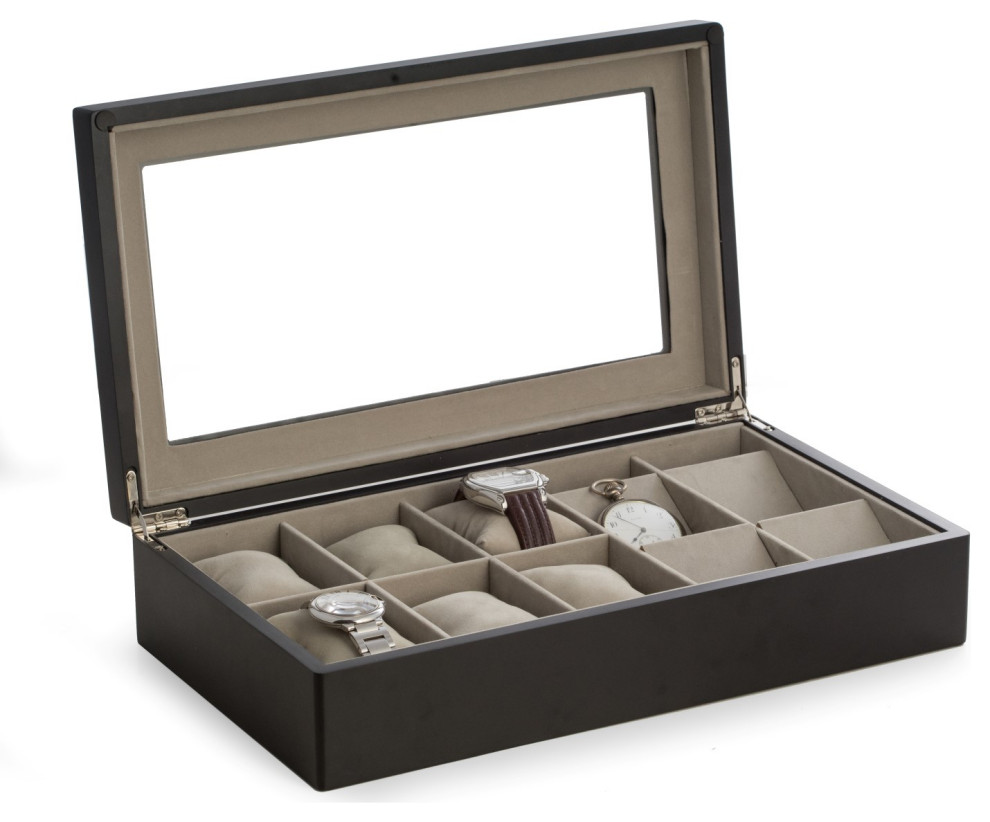 Matte Black Wood Watch Storage Box, 6 Watches, 4 Pockets - Modern ...