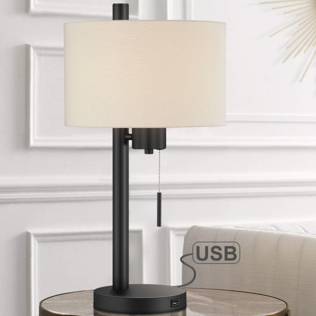 23-in Black Modern Table Lamp With USB Port and White Linen Shade ...