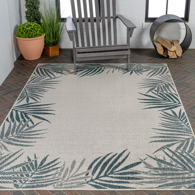 Isla Coastal Cottage Palm Frond Border Blue/Cream 8 x 10 Indoor/Outdoor ...
