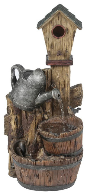 Polyresin Bird House Post and Water Can Patio Fountain - Rustic ...