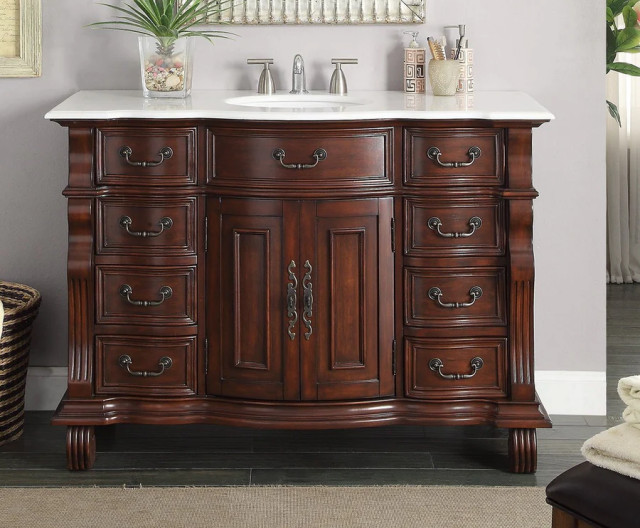 50 inch Cherry Wood Hopkinton Bathroom Sink Vanity White Marble Top ...