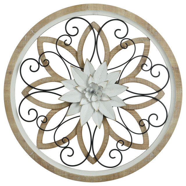 Traditional Broach Wood and Metal Wall Sculpture 24"Wx24"H3"D - French ...