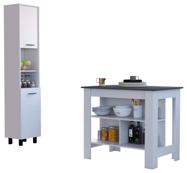 Nashville 2 Piece Kitchen Set, Kitchen Island & Pantry Cabinet, White ...