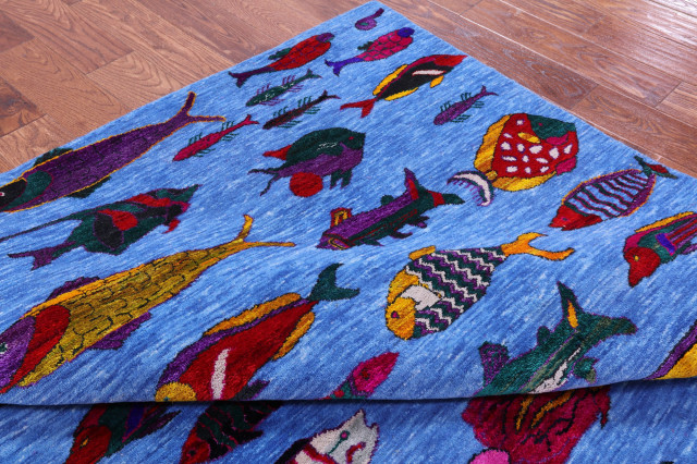 9' Square Wool & Silk Gabbeh Fish Design Handmade Rug - Q21611, 9' 1" X ...