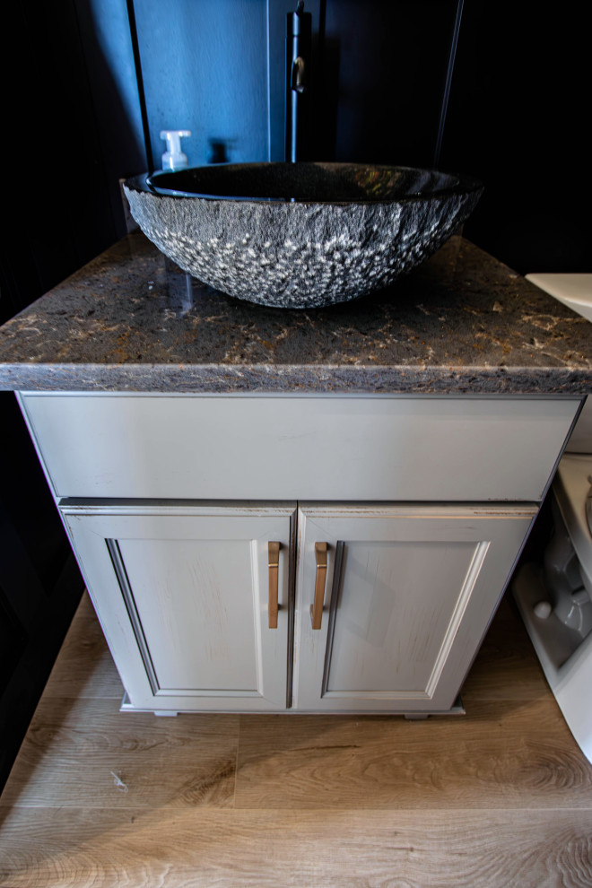 New Build - Powder Room with Cool Gray Vanity and Vessel Sink ...