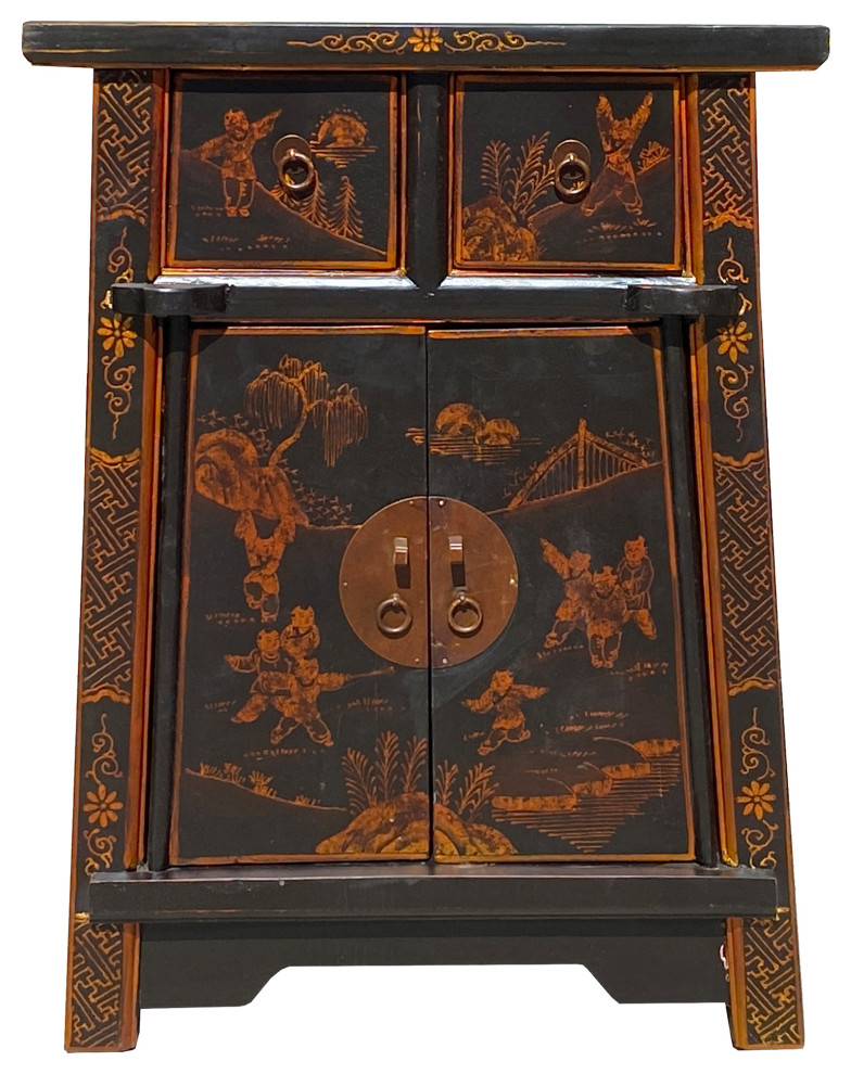 Chinese Rustic Black Copper Graphic End Table Nightstand Hcs7409 ...