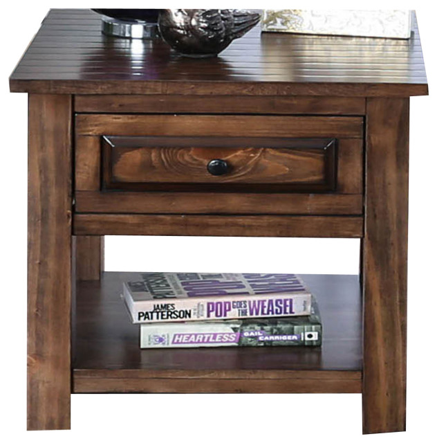 Transitional Square End Table with Plank Top and 1 Drawer, Walnut Brown ...