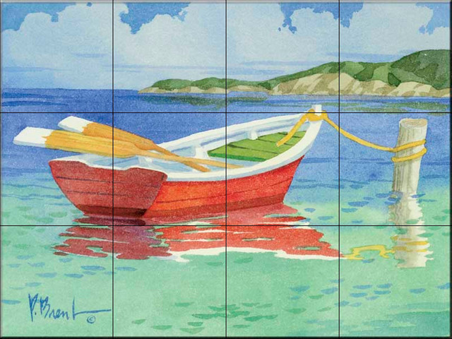 Tile Mural, Red Rowboat by Paul Brent, 36" x 24" (24 Tiles) - Rustic ...