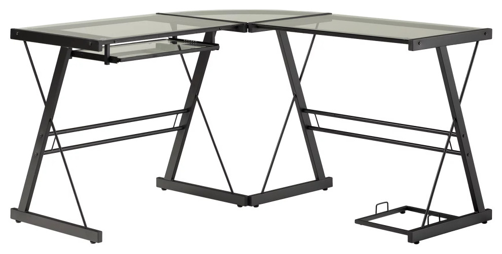 Set of 2 Modern L-Shaped Desk, Z-Shaped Metal Frame With Tempered Glass ...