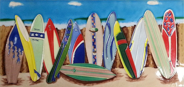 12x24" 13 Surfboards on a Beach Decorative Ceramic Wall Art Tile ...