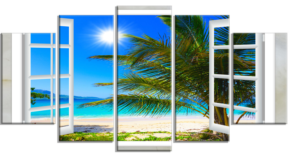 Designart - Window Open to Beach with Palm - Extra Large Seashore ...