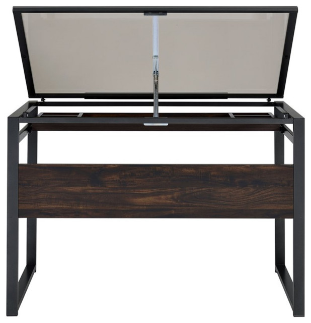 Pemberly Row Glass Top Drafting Desk in Dark Gunmetal and Chestnut ...