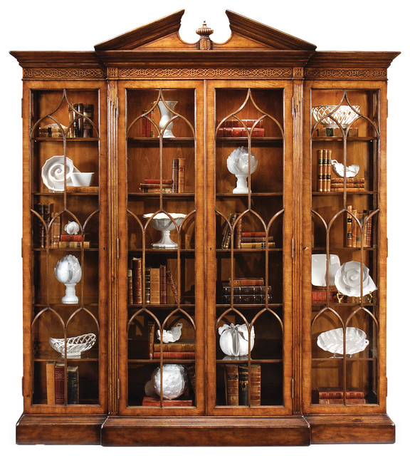 Triple Breakfront Walnut Display Cabinet With Pediment - Traditional ...