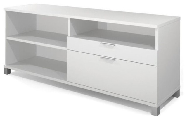 Pemberly Row 3-Shelf Wood Computer Credenza with Doors in White ...