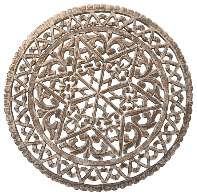Benzara UPT-225286 30 Inch Round Wooden Carved Wall Art, Distressed ...