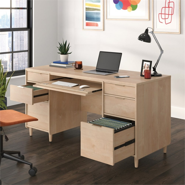 Pemberly Row Engineered Wood Executive Desk in Natural Maple ...
