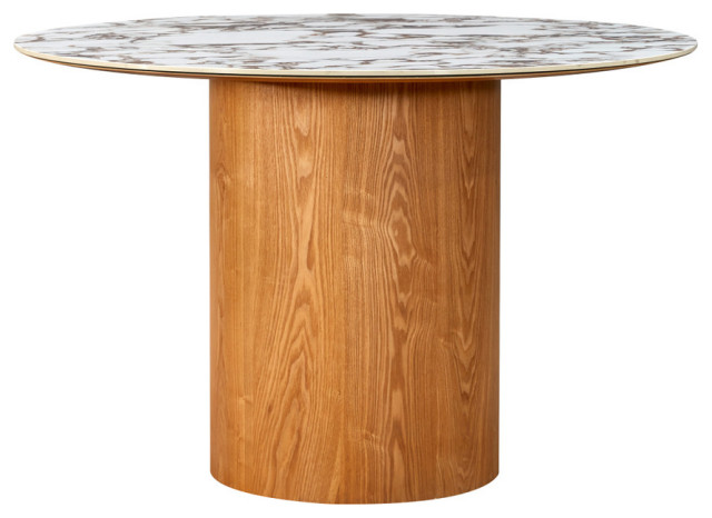 White Marble Ceramic Round Dining Table, 47" Kitchen Table Wooden Base ...