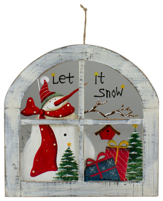 White Rustic "Let It Snow" Snowman Glass Window Scene Christmas Wall ...