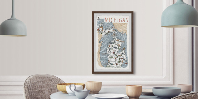 "Michigan Illustrated Map" Framed Painting Print, 24"x36" - Rustic ...