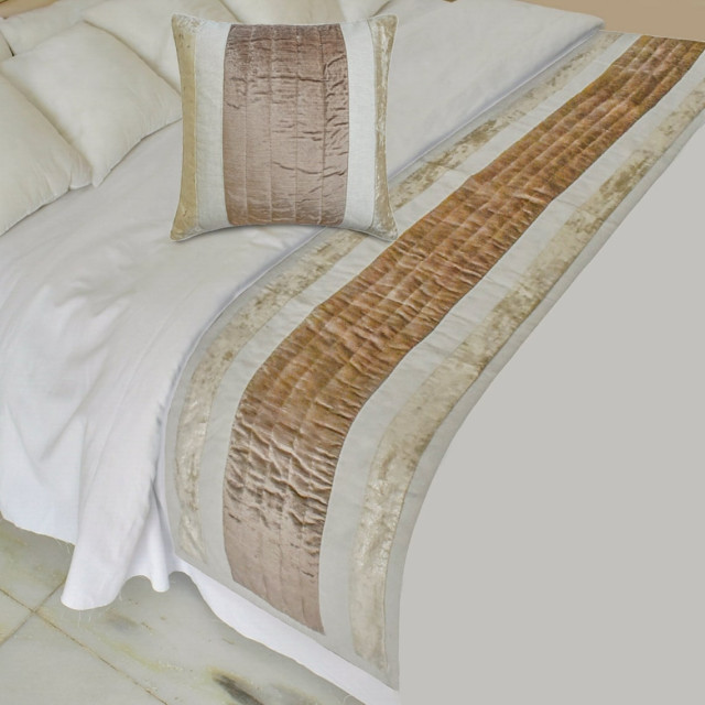 Luxe Velvet Lines - Velvet Beige Decorative Bed Runner and Pillow Cover ...